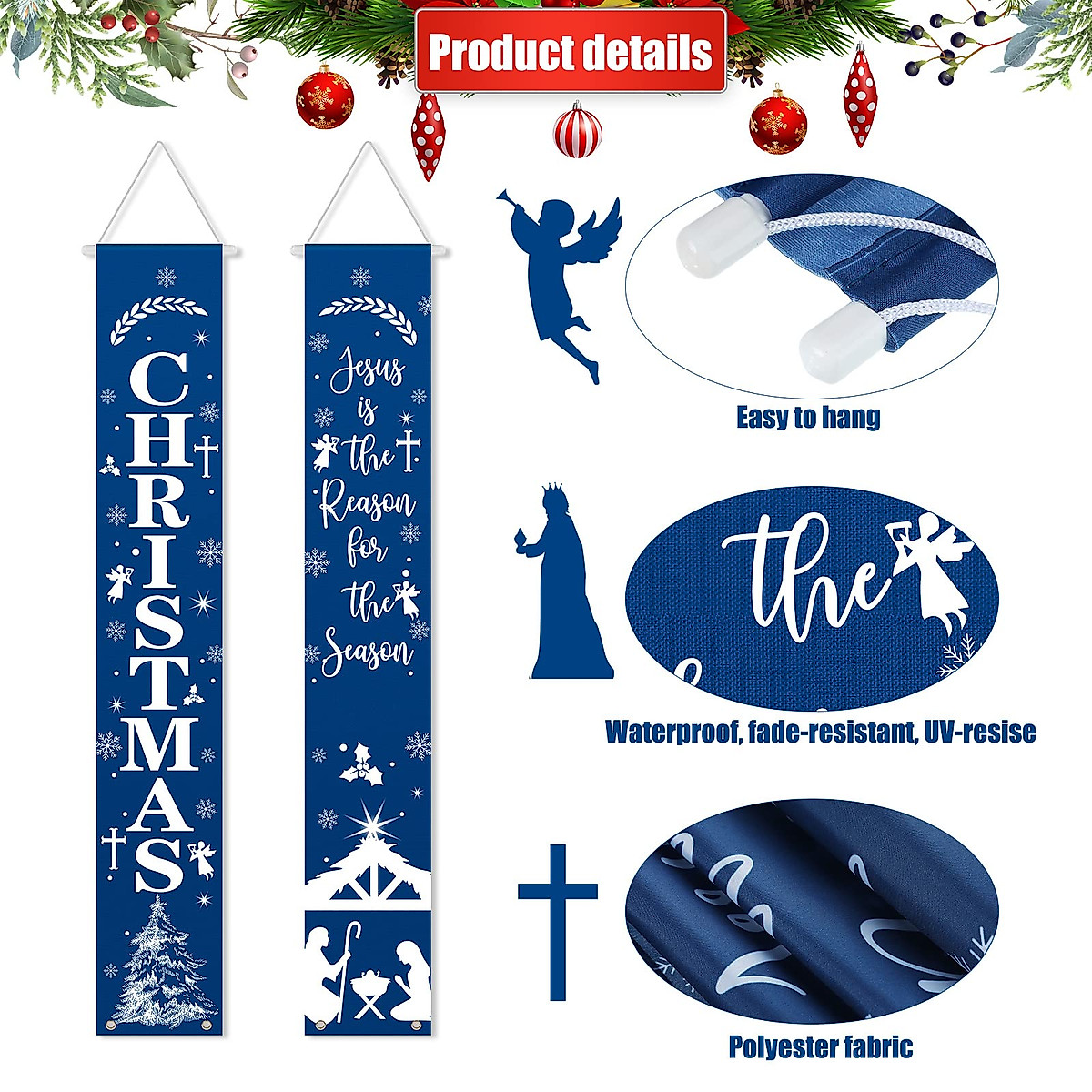BBTO Pcs Christmas Nativity Scene Porch Sign Jesus Is The Reason for Season Banner Religious Holy Door Xmas Hanging Decorations Home Front 1BBTO x 7BBTO Inch, blue, white
