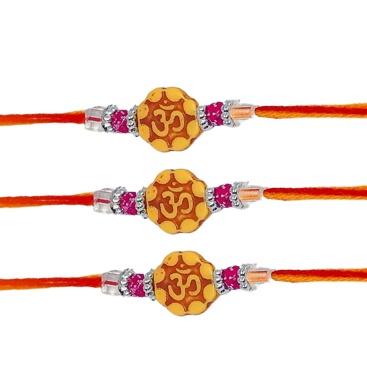 JAGMOR Om Pendant & Pink Beads Rakhi for Brother, Handmade Rakhi, Rakhee Bracelet for Brother, Rakhi for Bhai, Rakhi Bracelet for Sister, Bhaiya Bhabhi Rakhi, Indian Rakhi, Set of 3 rakhi