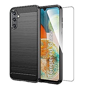 GSDCB Case for Samsung Galaxy A14 5G Case, Samsung A14 5G Case with Tempered Glass Screen Protector, Brushed Texture Soft Flexible TPU Slim Fit Shockproof Phone Cover for Women Men (Black)