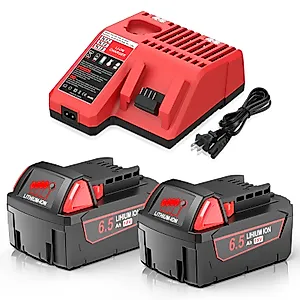 2Pack 6500mAh 48-59-1850 Batteries for 18V Milwaukee M18 Battery 18Volt XC M18 48-11-1815 48-11-1820 48-11-1850 48-11-1860 + 48-59-1812 Charger for 18V Milwaukee M18 Battery Charger
