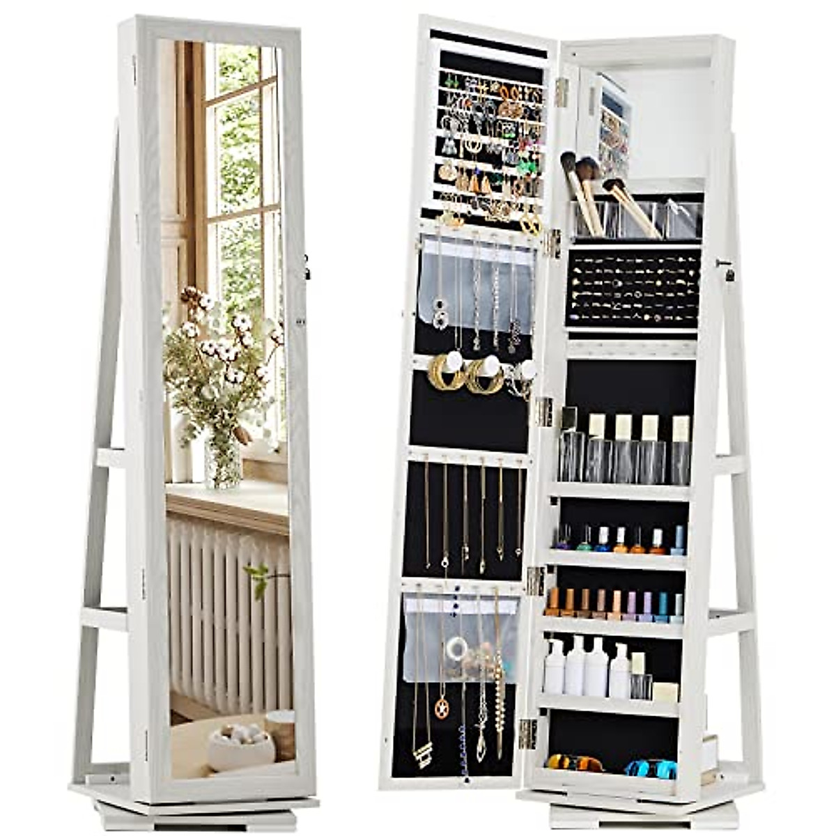 SERWALL 360 Rotating Jewelry Stand Organizer - Freestanding Dressing Mirror Jewelry Cabinet Storage - WHITE