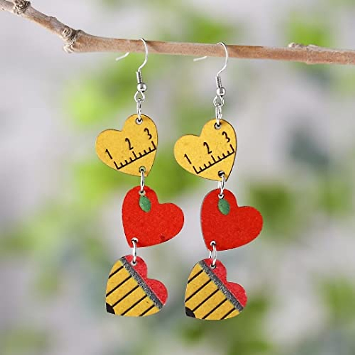 Azusa Sun Wooden Love String Earrings for Students Pencil Apple Ruler Back-to-school Earrings Creative Teachers' Day Gifts for Women Teacher
