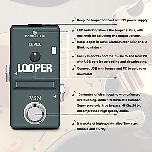 VSN 48K Looper Electric Guitar Effect Loop Pedal 10 Minutes of Looping Unlimited Overdubs USB Port True Bypass