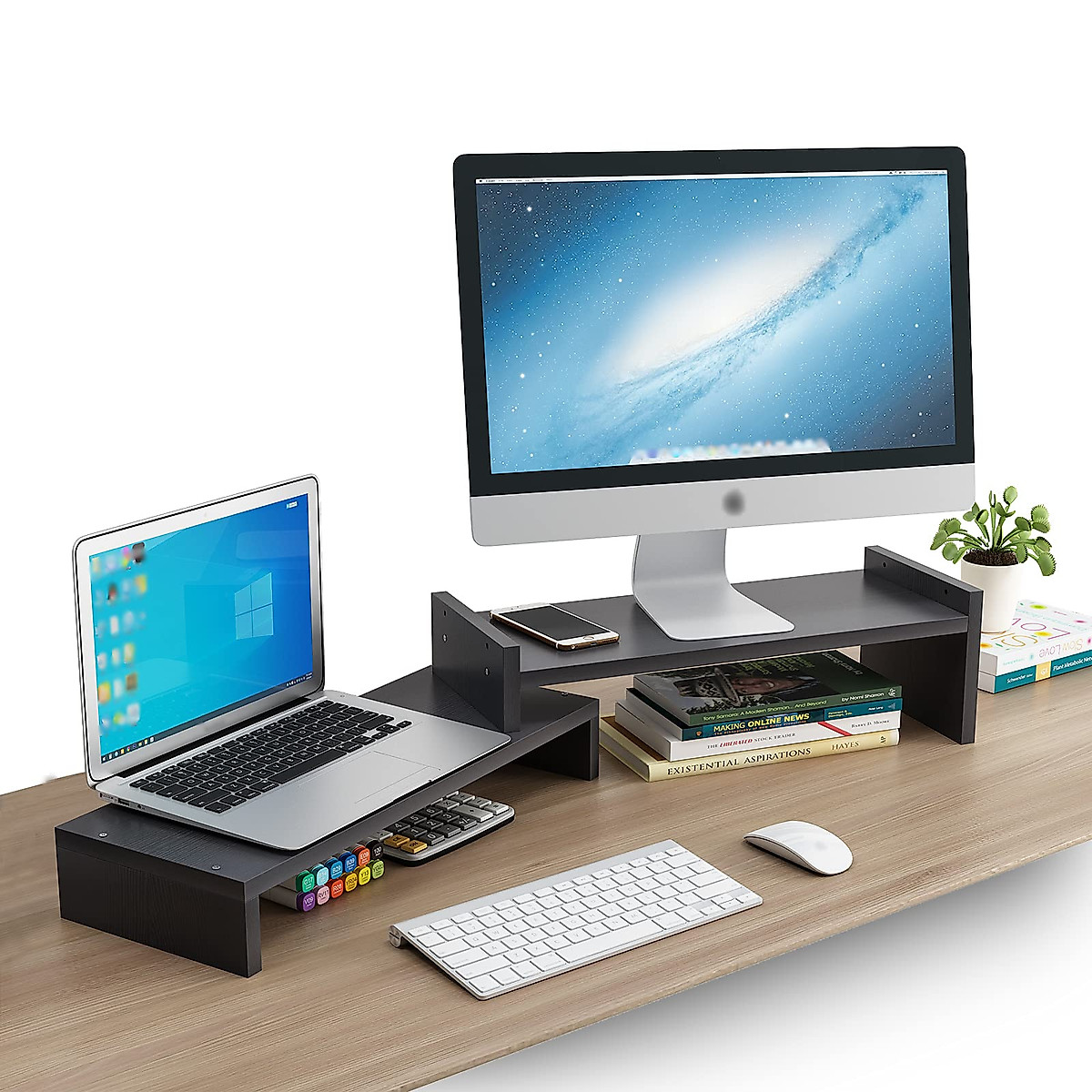 hodiczk Dual Monitor Stand Riser with Adjustable Length and Angle, Double Monitor Riser, Wood Desktop Storage Rack Organizer for Home Office living room, Black