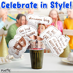 Premium Birthday Photo Booth Props Kit, 27 White & Rose Gold Party Decorations (No Glitter), Durable & Easy-to-Use Photobooth Props Signs for Memorable Photos & Unforgettable Celebrations by PixiPy