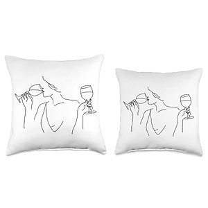 Line Art Wine Designs And Minimal Wine Drinker Art Double Fisting Black and White Funny Wine Lover Line Art Throw Pillow, 18x18, Multicolor