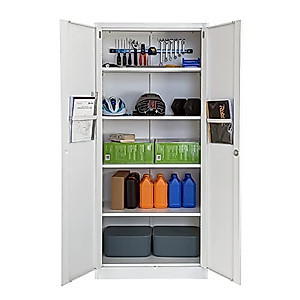 iJINGUR Metal Storage Cabinet with Locking Doors and Shelves for Garage Home Office, Lockable Tall Steel Storage Cabinets with Lock, Tool Holder and File Organizer Pocket Included (White)