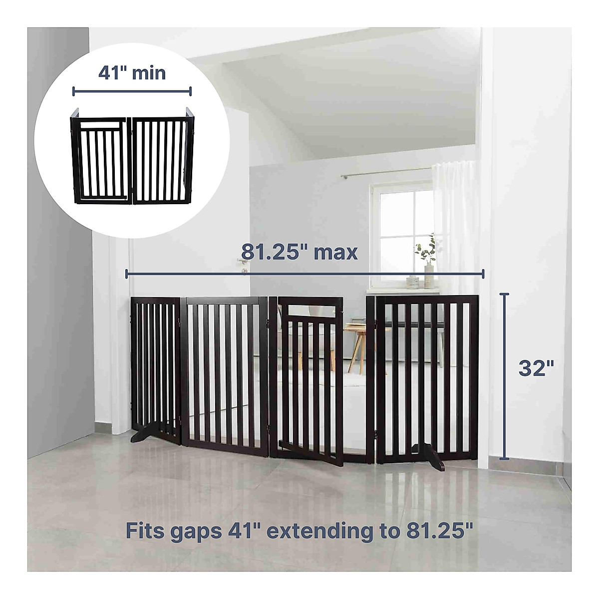 TRIXIE Freestanding 4-Panel Pet Gate, Foldable Pet Barrier Fence, Convertible Pet Pen, 32-in Tall, Walk Through Door, Brown