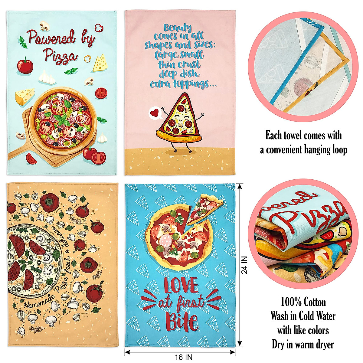 Eleville Funny Kitchen Towels Set of 4 Pizza Theme Stylish Dish Towels Set Kitchen Hand Towels Decorative Dish Towels Housewarming Holiday for Mom and Friends KTN006