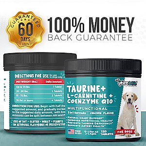 PET LOL Taurine Supplement for Dogs with L-Carnitine and Coenzyme Q10 (CoQ10): Vet Endorsed for Enlarged Heart (DCM), Congestive Heart Failure, Taurine Deficiency: 3-in-1 | Dog Supplements- 120ct