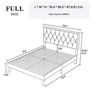 Allewie Full Size Bed Frame Upholstered Platform Bed with Adjustable Headboard, Button Tufted, Wood Slat Support, Easy Assembly, Light Gray
