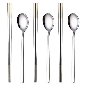 Reusable Korean Chopstick and Spoon Set, Long Handle Stainless Steel Soup Spoon and Chopsticks, Dishwasher Safe, Set of 3. (Silver)