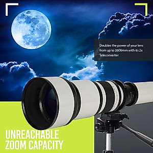 High-Power 650-2600mm f/8 Manual Telephoto Lens for Canon EOS 80D, 90D, Rebel T3i, T5, T6i, T7, T8i, SL3, 60D, 70D, 5D, 6D II, 7D II SLR Cameras - White
