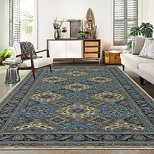 COZYLOOM 9x12 Area Rug Vintage Floral Rug Oriental Distressed Floor Carpet Indoor Plush Throw Carpet for Living Room Bedroom Home Office Low Pile Aesthetic Rug Non-Slip Fuzzy Shag Rug Blue