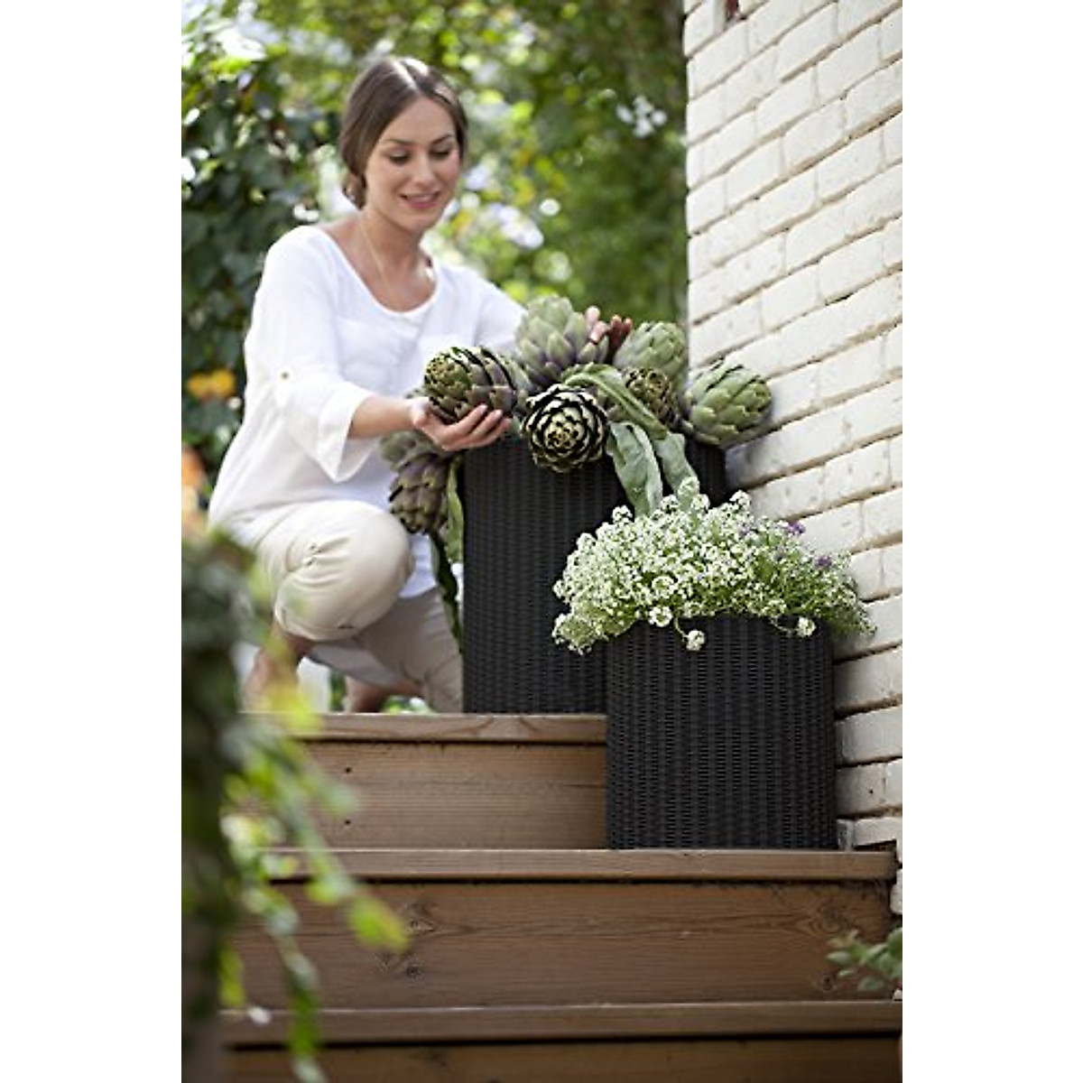 Keter Resin Wicker Cylinder Flower Pot Set of 3 Small, Medium, and Large Planters with Drainage Plugs for Outdoor or Indoor Plants, Charcoal Grey