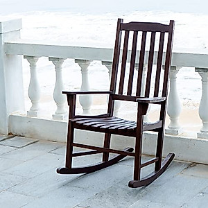 Merry Products Traditional Acacia Hardwood Rocking Chair with Curved Seat and Wide Armrests for Outdoor or Indoor Use, Dark Stain
