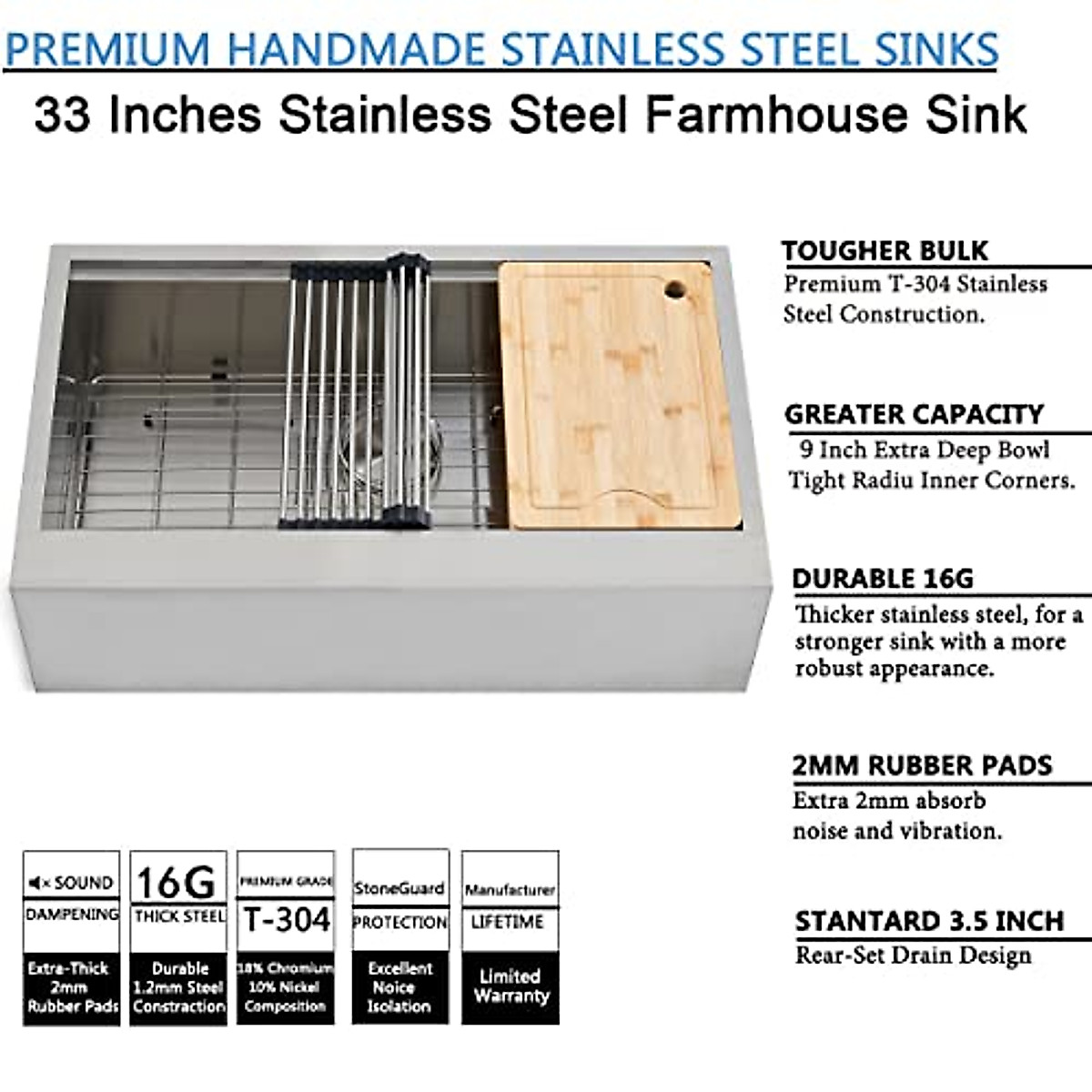 SHACO 33 Inch Farmhouse Sink, 33x20x9 Stainless Steel Farmhouse Kitchen Sink, 9 Inch Deep Brushed Nickel Single Bowl Ledge Workstation Sink, Apron Front Farm Sink with Cutting Board