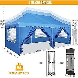 HOTEEL 10x20 Canopy Pop up Canopy with 6 Sidewalls, Easy Setup Canopy Tent Waterproof Tents for Parties with Wheeled Bag, 4 Weight Bag, UV50+ Outdoor Event Tent Vendor Tent, High Roof, Metal Leg, Blue