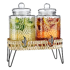 Double Ice Cold Clear Glass Hammered Beverage Drink Dispensers On Wicker Metal Stand 1.5 Gallon Each Mason Jug For Outdoor, Parties & Daily Use