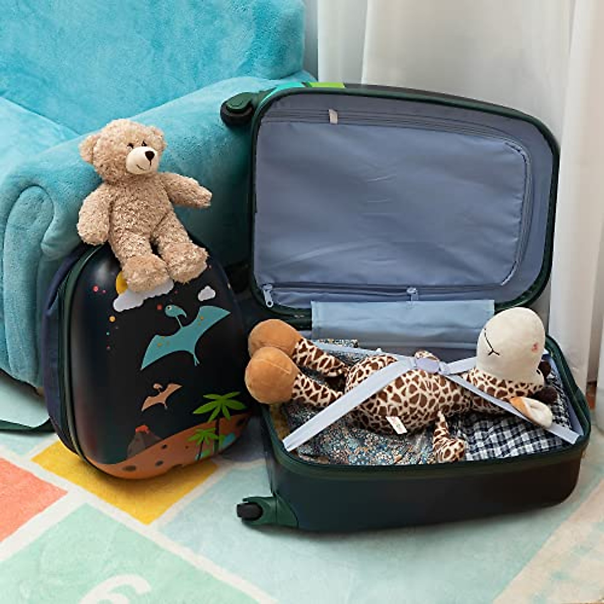 VLIVE Kids Luggage Set for Boys, 12” Backpack on Carry on Luggage for Kids, Travel Suitcase with Wheels for 3-5 years old, Dinosaur