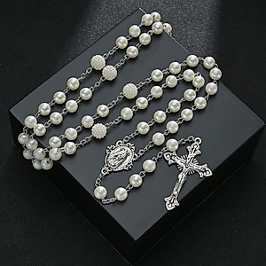8mm Rosary Beads Necklace White Glass Pearl Catholic Prayer Alloy Cross Necklaces with Jesus Crucifix Fit for Girls Women Religious Gifts Rosaries(Customized velvet bag)