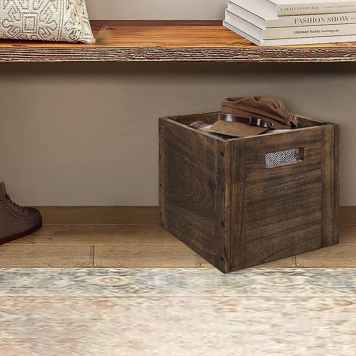 NC Luneodoki Wooden Decorative Storage Cube Boxes with Handles, 11” x Large Baskets For Shelves, Stackable Containers Organizing Bins Toy, Clothes, Books, Office, Rustic Brown