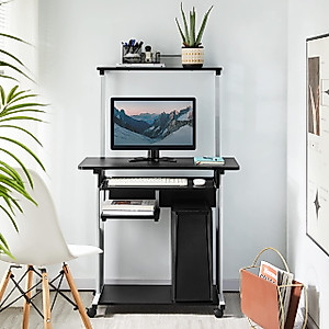 Yaheetech 3 Tiers Mobile Computer Desk with Printer Shelf & Keyboard Tray Rolling Computer Desk for Small Spaces, Compact Study Desk Workstation with Wheels, Space Saving, Black