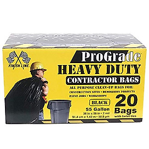 Reli. ProGrade Contractor Trash Bags 55 Gallon (20 Bags w/ Ties) Black 55 Gallon Trash Bags Heavy Duty, Garbage Bags / Construction Bags (2 mil) (55 Gallon - 60 Gallon), Black