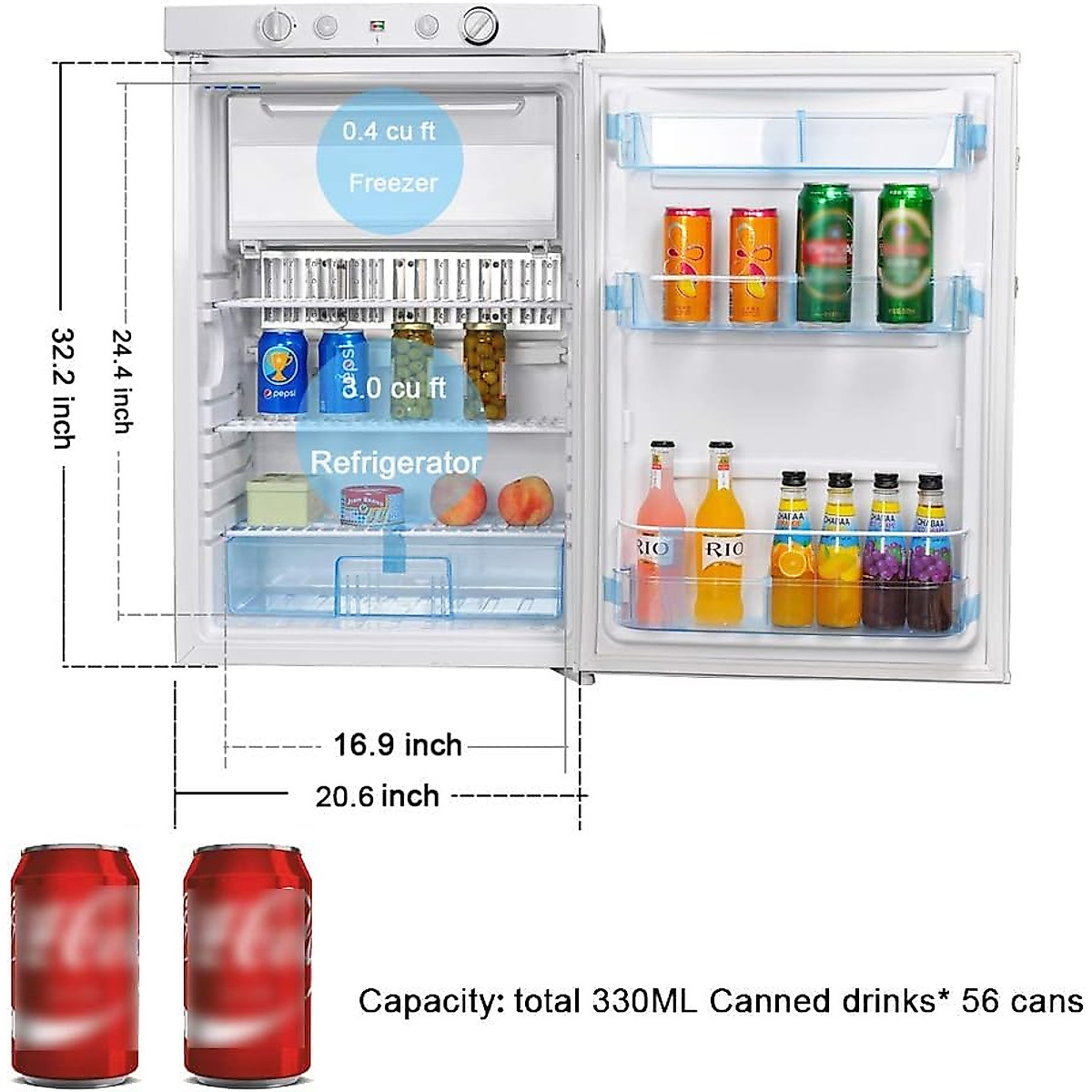SMETA Propane Refrigerator RV 3 way Off Grid Camper Fridge Outdoor Refrigerator for Patio 12V/110V/Gas LPG, No Noise, Solar Fridge for RV Garage, Single Door, 3.5 Cu.Ft, White