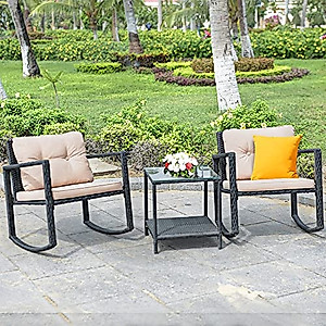 CXDTBH 3 PC Patio Rattan Conversation Set Rocking Chair Cushioned Sofa Garden Furniture Cushion