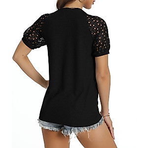 HAOMEILI Women’s Short Sleeve V Neck Tops Lace Shirt Casual Loose T Shirtss L Black