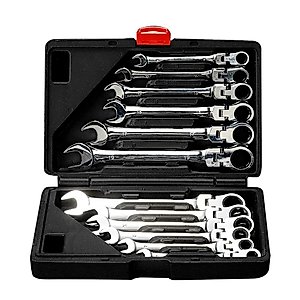 FLZOSPER 12pc. Tightspot Flex-Head Ratcheting Wrench Set，8-19mm Metric CR-V Quick Access Spanner with Portable Toolbox (12PC. Flex Head Wrench)