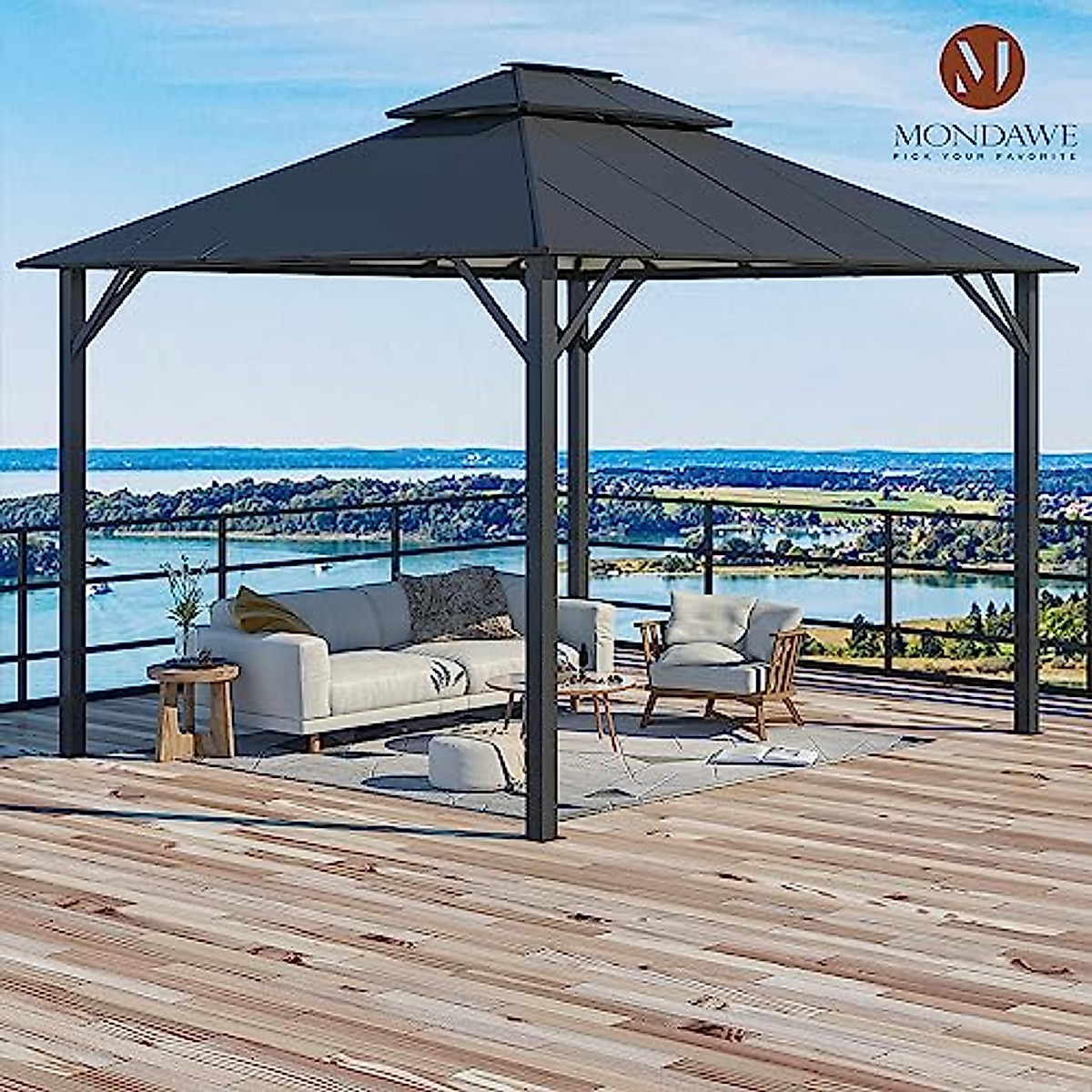 MONDAWE 10x12Ft Hardtop Gazebo Double Aluminum Composite Roof Patio Outdoor Canopy Grand Gazebo Permanent Pavilion Aluminum Frame with Netting Pergola for Patio Lawn Garden