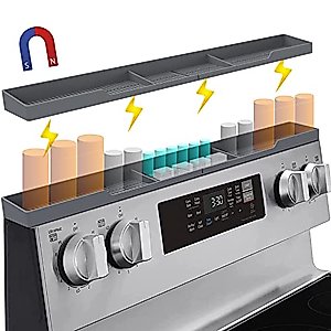 Silicone stove top shelf 30",JOOKKI magnetic over stove top shelf for kitchen stove,oven shelf for back with Zero Installation,over the stove spice rack With With partition and perimeter fence.(gray)
