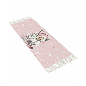Runner Rug for Hallway 2x6ft, Merry Christmas Cute Pink Santa Washable Runner Rugs with Tassels Woven Floor Carpet Runners for Hallways Kitchen Laundry Entryway