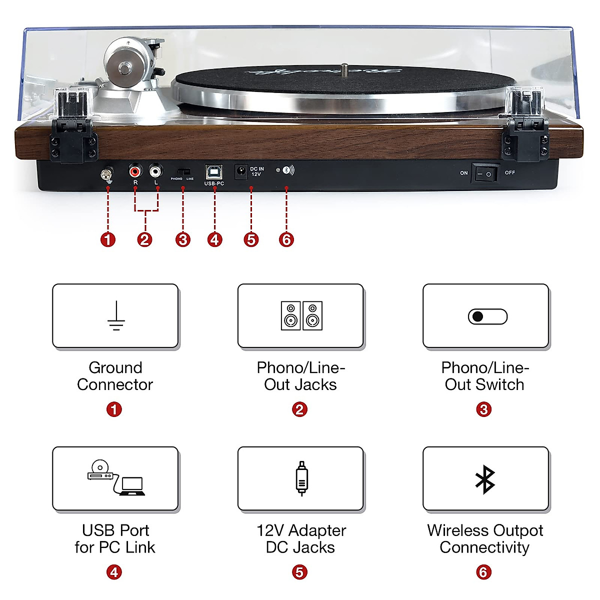 Turntables Belt-Drive Record Player with Wireless Output Connectivity, Vinyl Player Support 33&45 RPM Speed Phono Line USB Digital to PC Recording with Advanced Magnetic Cartridge&Counterweight