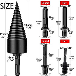 Firewood Log Splitter Drill Bit, 5Pcs Removable Wood Splitters Drill Bits Heavy Duty for Electric Drills, Kindling Splitting Bit Carbon Steel Cones Screw with Round + Square + Hex Shank 1.26inch