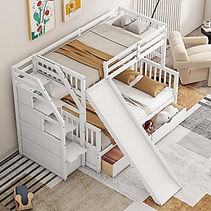 Harper & Bright Designs Bunk Bed with Slide, Twin Over Full Bunk Bed with Stairs,Wood Bunk Bed Twin Over Full Size with Storage Drawers for Kids Teens Girls Boys, No Spring Box Needed, White