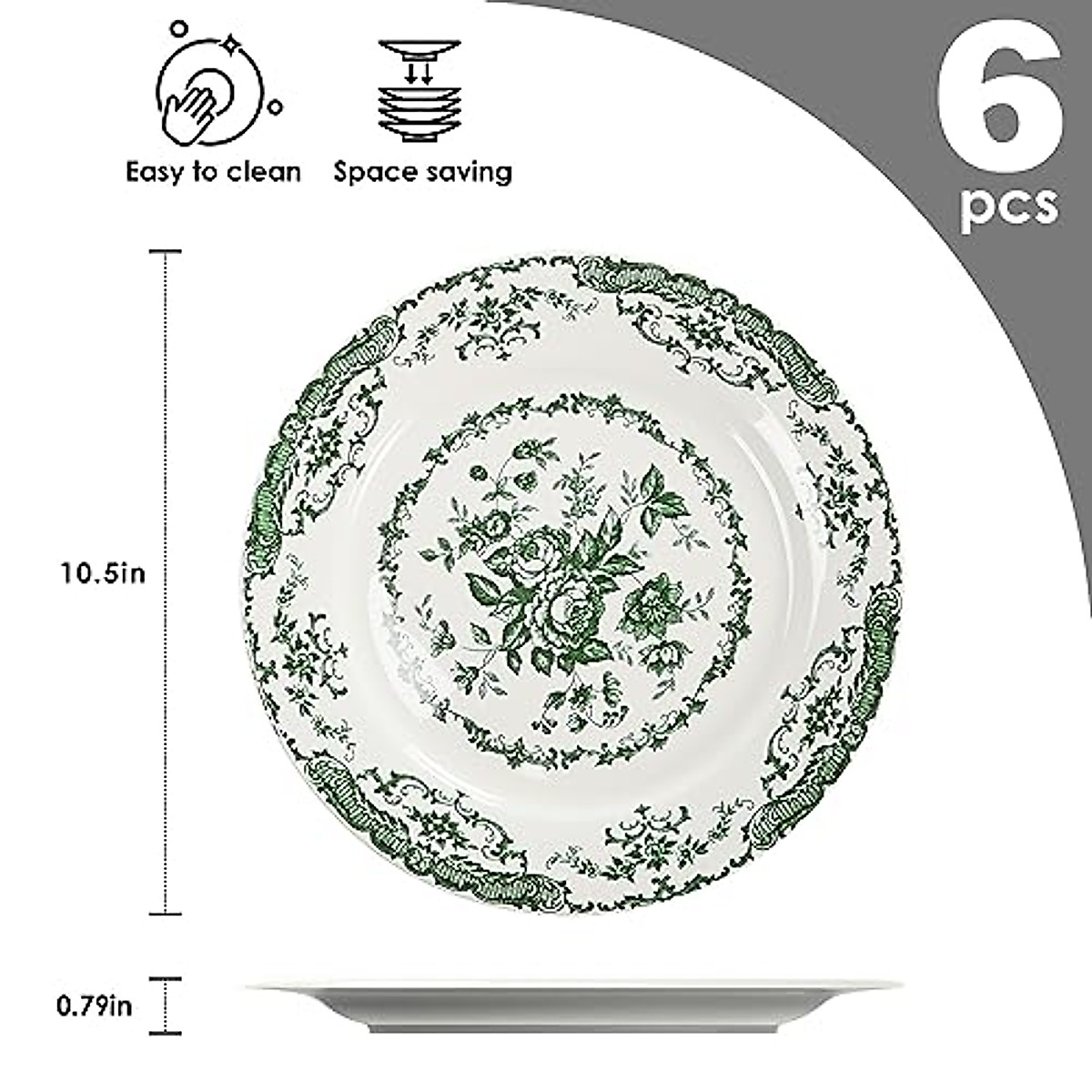 HomeElves Dinner Plates Set of 6, White Plates, Ceramic Kitchen Plates Microwave Safe Plates, 10.5 Inch Porcelain Dinner Plates Floral Plates, Green