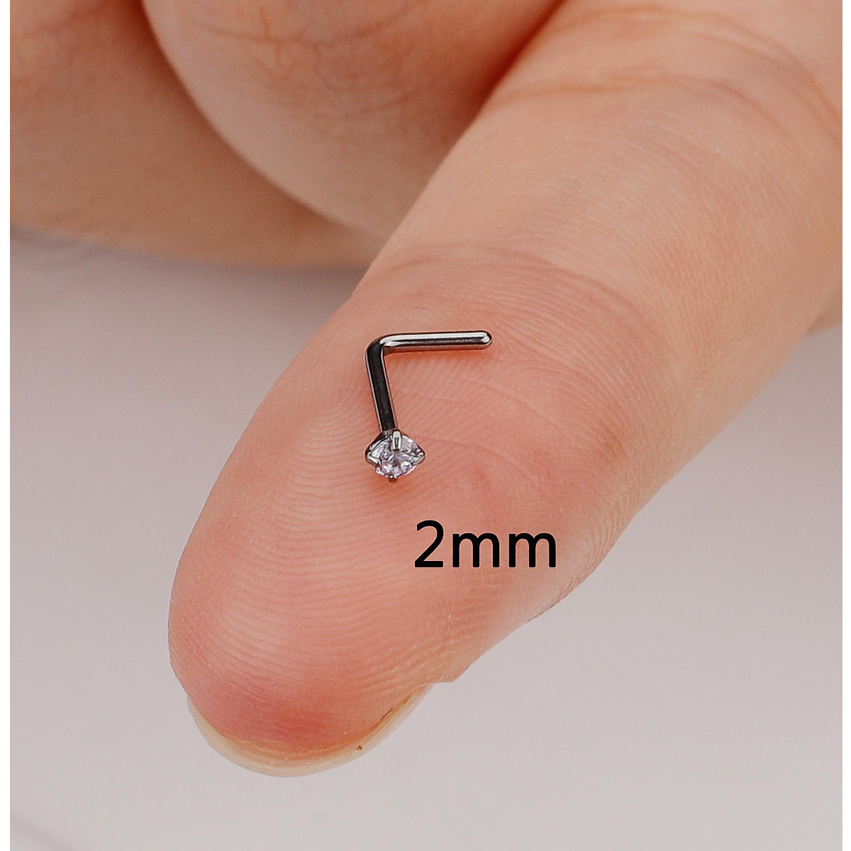 Enticera 2mm G23 Titanium Nose Rings Studs for Sensitive Skin 20g Handmade Small L Shaped Nose Rings for Women Men Round CZ Nose Piercing Jewelry White