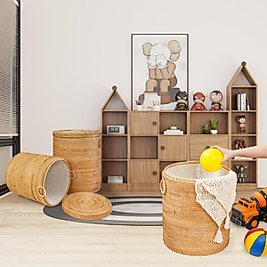 LALASUN Rattan Laundry Hamper With Lid, Round Wicker Large Hampers For Laundry With Liner Bag and Handles for Organizing Clothes Kids Toys Books (15.7" L×15.7"W×17.3"H）