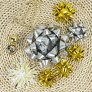 WRAPAHOLIC 40 Pcs Gift Bows Assortment - 28 Assorted Size Gift Bows(Gold&Silver&White), 1 Pull Bow, 2 Tinsel Bows, 2 Fountain Bows, 2 Curly Bows, 4 Curling Ribbons, 1 Cotton Twine