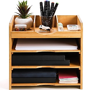 DEAYOU Bamboo Desk File Organizer, 13" Document Letter Tray Sorter with 2 Adjustable Shelves, 4 Tier Mail Organizer Countertop, Paper Storage Holder Box Cubby for Magazine, Office, Home, School