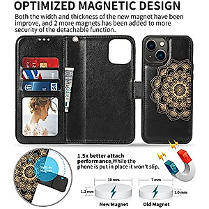 CASEOWL Compatible for iPhone 13 Wallet Case Magnetic Detachable-2 in 1 Mandala Embossed Flip Leather Wallet Case for Women Girls [RFID Blocking]with Card Holder, Hand Strap for iPhone 13 2021(Black)