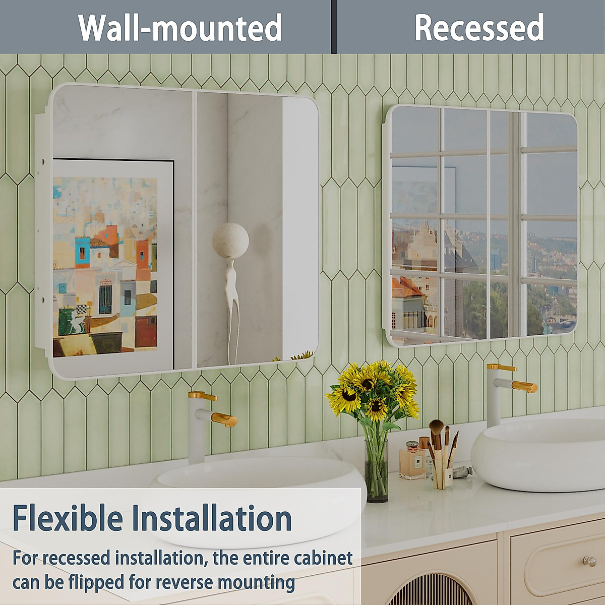 Medicine Cabinet with Mirror 20'' x 22'' Aluminum Recessed Medicine Cabinet with Mirror, Adjustable Glass Shelf, Corrosion Resistant Bathroom Mirror with Storage Wall Mounted (20'' x 22'' Double Door)