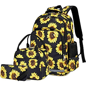 Sunflower Backpack Girls Floral School Bookbag Cute 3 in 1 Backpack Set with Insulated Lunch Box and Pencil Case (Sunflower 3 Pieces - Black)