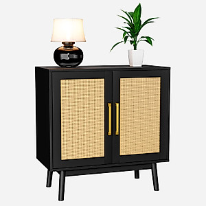 LYNSOM Rattan Storage Cabinet with Doors and Shelves, Natural Rattan Sideboard and Buffet with Storage, Free Standing Accent Cabinet for Entryway, Living Room, Office, Black