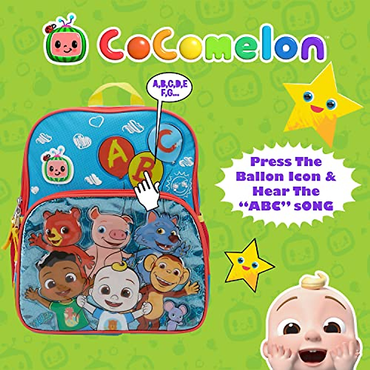 AI ACCESSORY INNOVATIONS Cocomelon JJ's Kids Backpack with ABC Song Sound Chip for Boys and Girls, Pre-school Toddler Travel Bag with Padded Back and Adjustable Straps, Versatile 12"