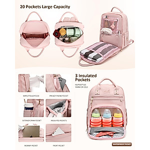 ROSEGIN Premium Vegan Leather Diaper Bag Backpack with Waterproof Changing Pad, Reinforced Zippers & Odor-Free, 20 Pockets Pro Organizer, Fits 15.6" Laptop, Stroller Straps, Baby Bag for Mom, Pink