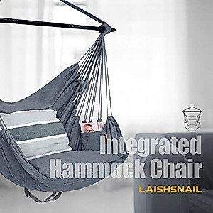 LAISHSNAIL Hammock Chair Swing, Hanging Chair for Bedroom with Metal Support Bar, Integrated Storage Bag, Cushions & Hardware Included, Swing Chair for Indoor or Outdoor (with Hardware-Gray&White)